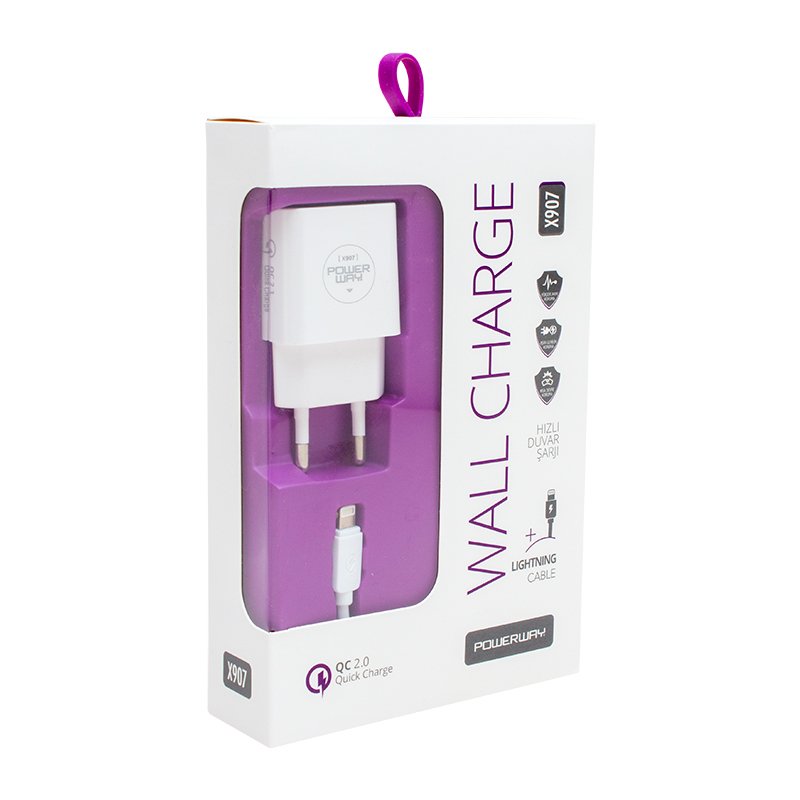 АДАПТЕР ЗА ТЕЛЕФОН IPHONE USB+КАБЕЛ X907 АДАПТЕР POWERWAY 5V 3A +КАБЕЛ ...